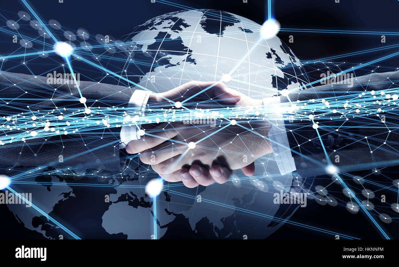 Business handshake against social network background. 3D rendering ...