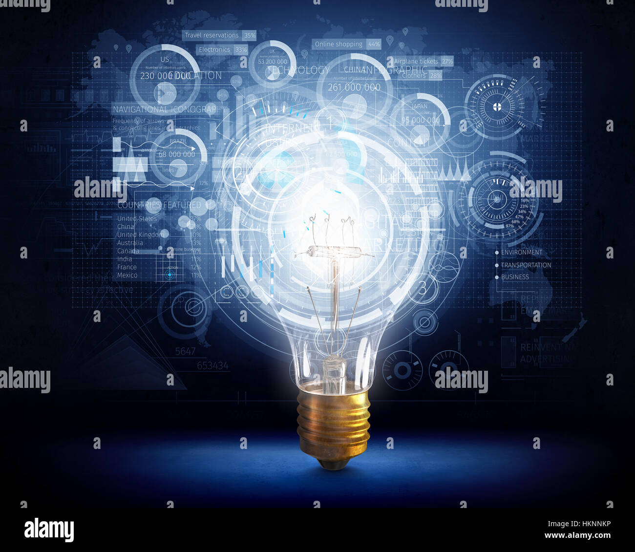 Conceptual technology background with glass glowing light bulb Stock ...