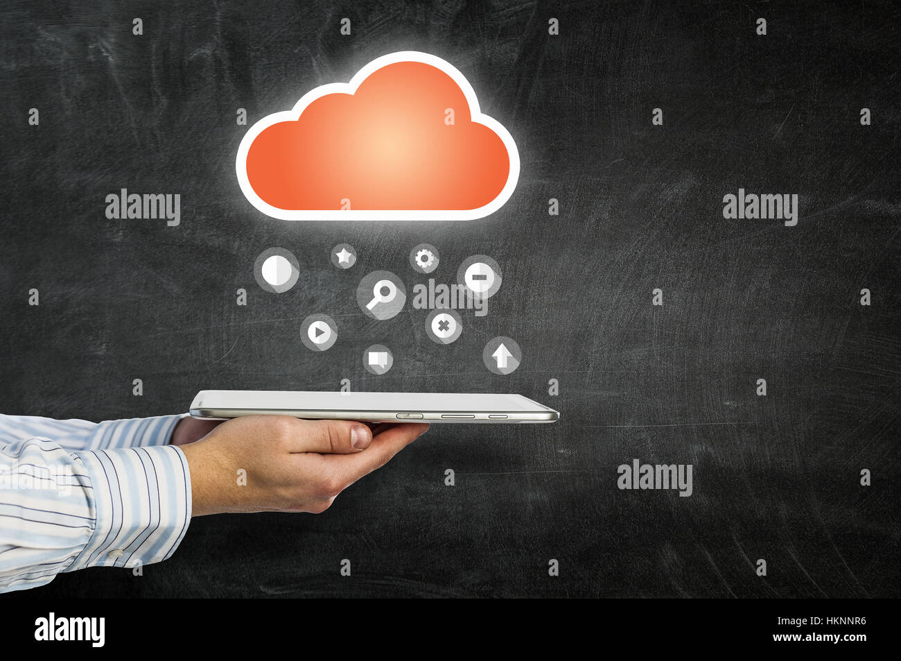Hands of businessman presenting cloud computing and wireless connection ...