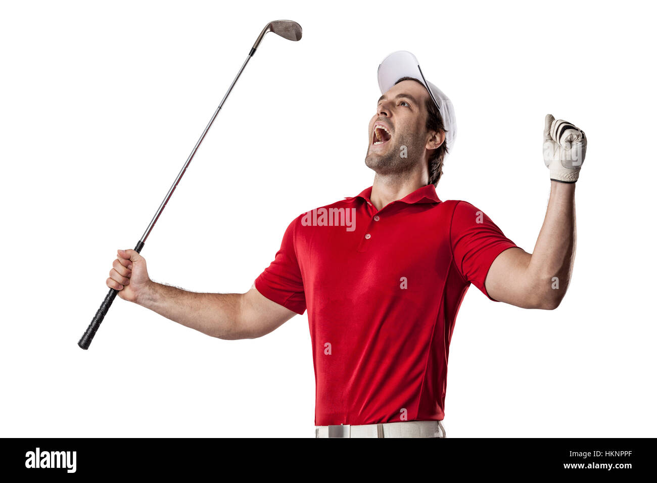 Golf Player in a red shirt celebrating, on a white Background Stock ...