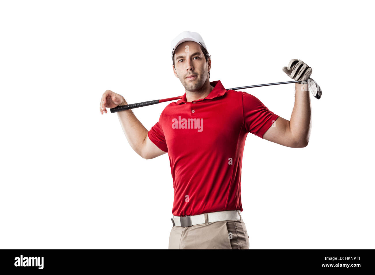 Golf Player in a red shirt, on a white Background Stock Photo - Alamy
