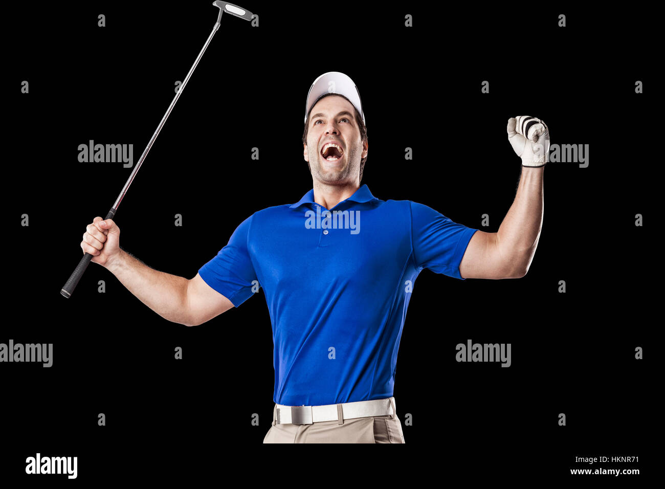Golf Player in a blue shirt celebrating, on a Black Background Stock ...