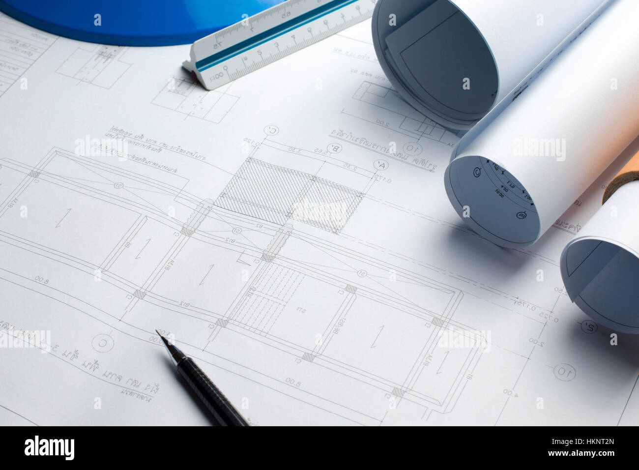 architectural plans project drawing with blueprints rolls Stock Photo ...
