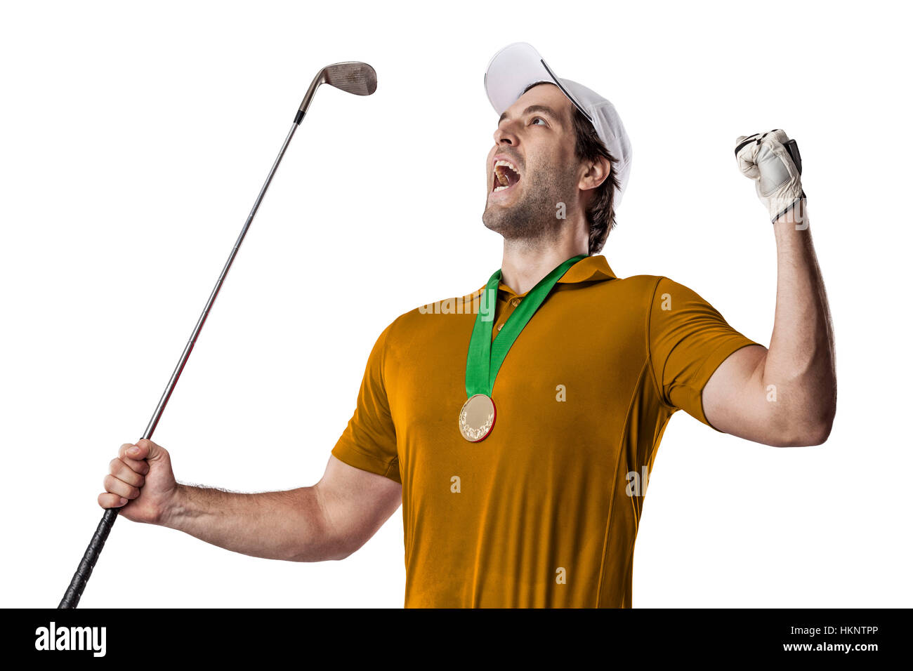 Golf Player in a orange shirt celebrating with a golden medal, on a ...