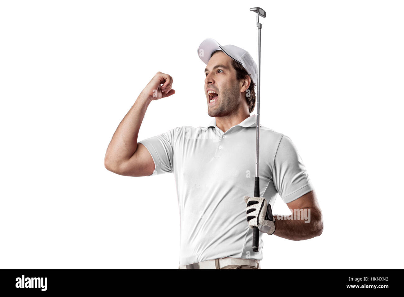 Golf Player in a white shirt celebrating, on a white Background Stock ...