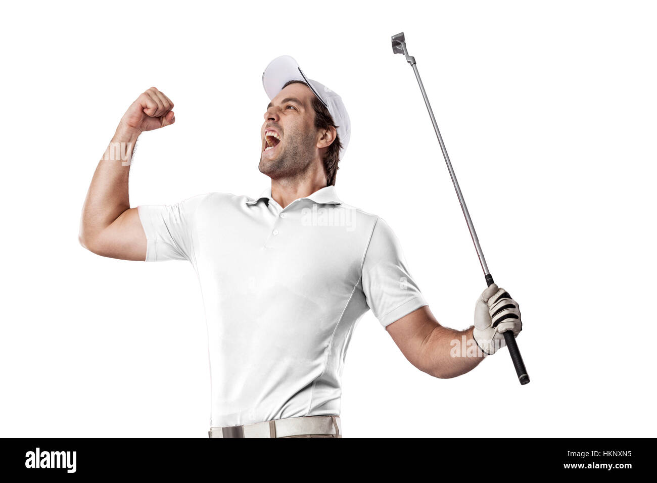 Golf Player in a white shirt celebrating, on a white Background Stock ...