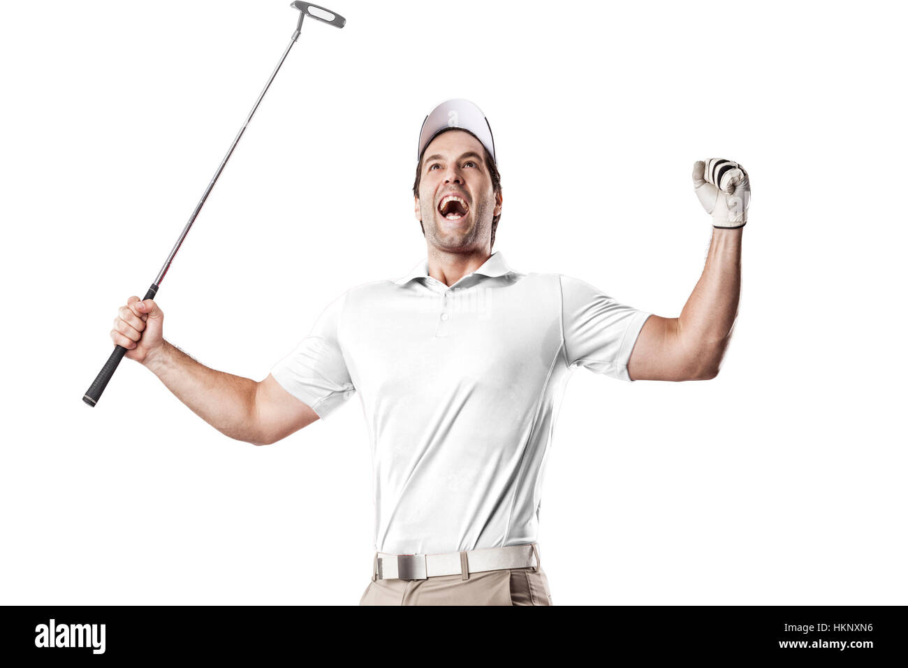 Golf Player in a white shirt celebrating, on a white Background Stock ...