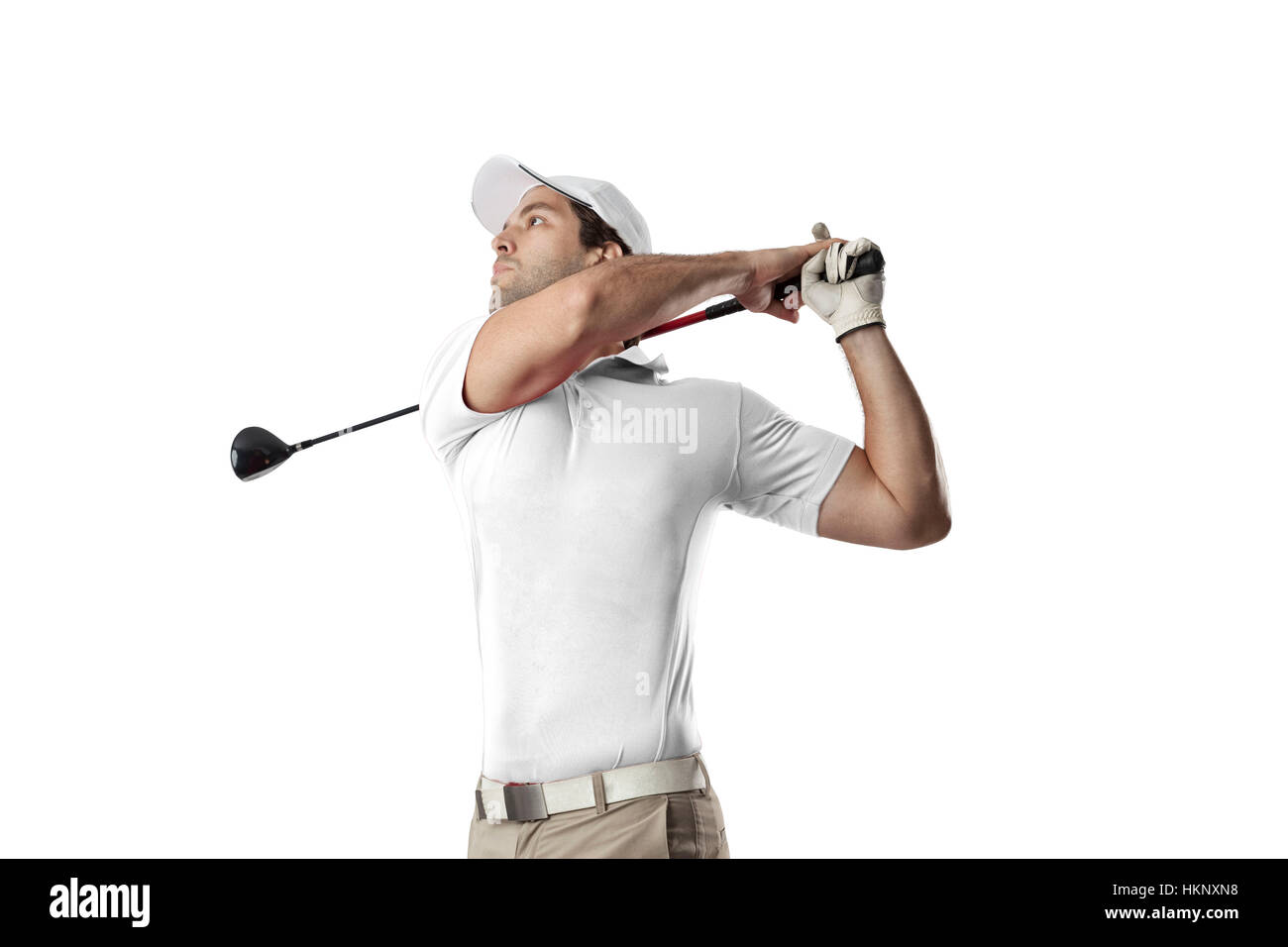 Golf Player in a white shirt taking a swing, on a white Background ...