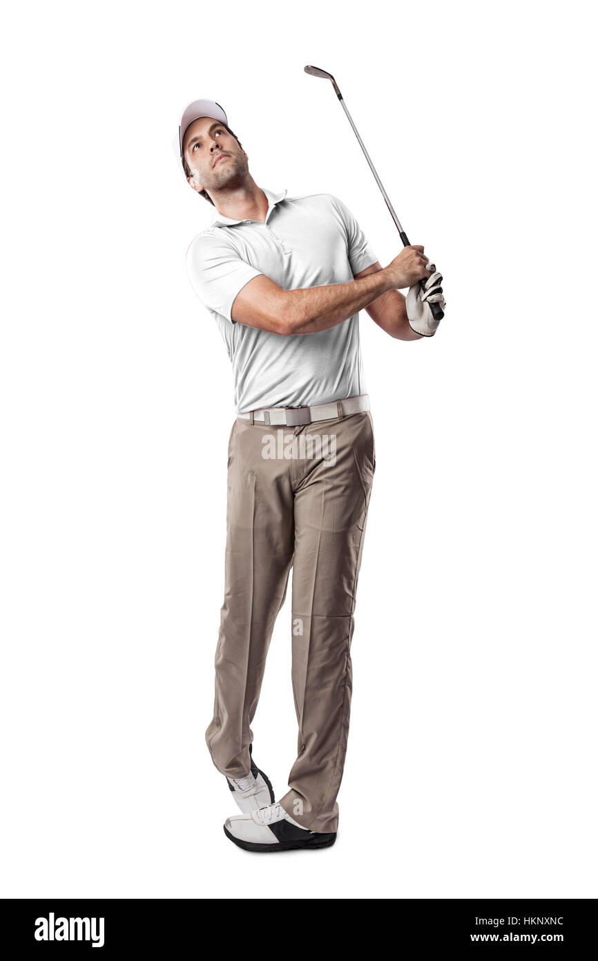 Golf Player in a white shirt taking a swing, on a white Background ...