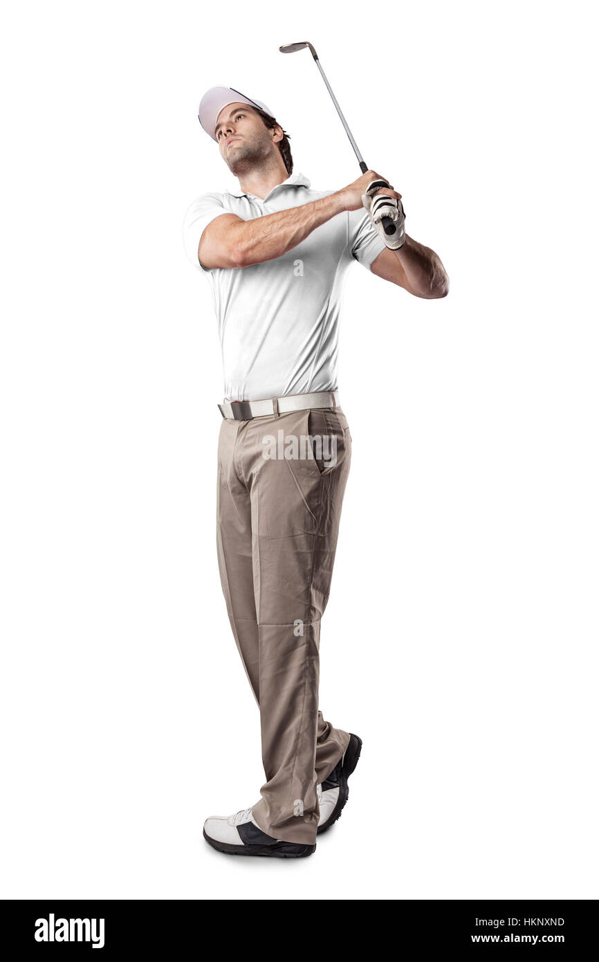 Golf Player in a white shirt taking a swing, on a white Background ...