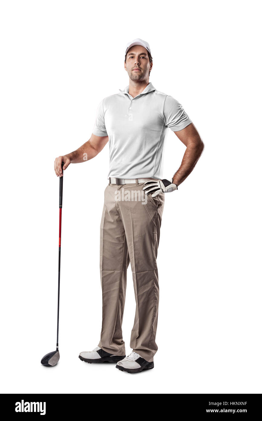 Golf Player in a white shirt standing on a white Background Stock Photo ...