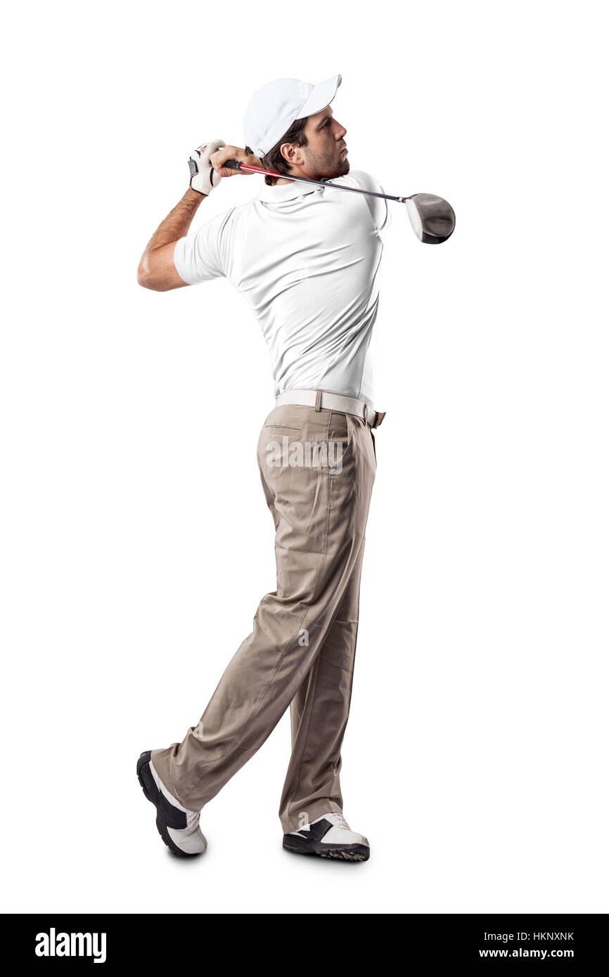 Golf Player in a white shirt taking a swing, on a white Background ...