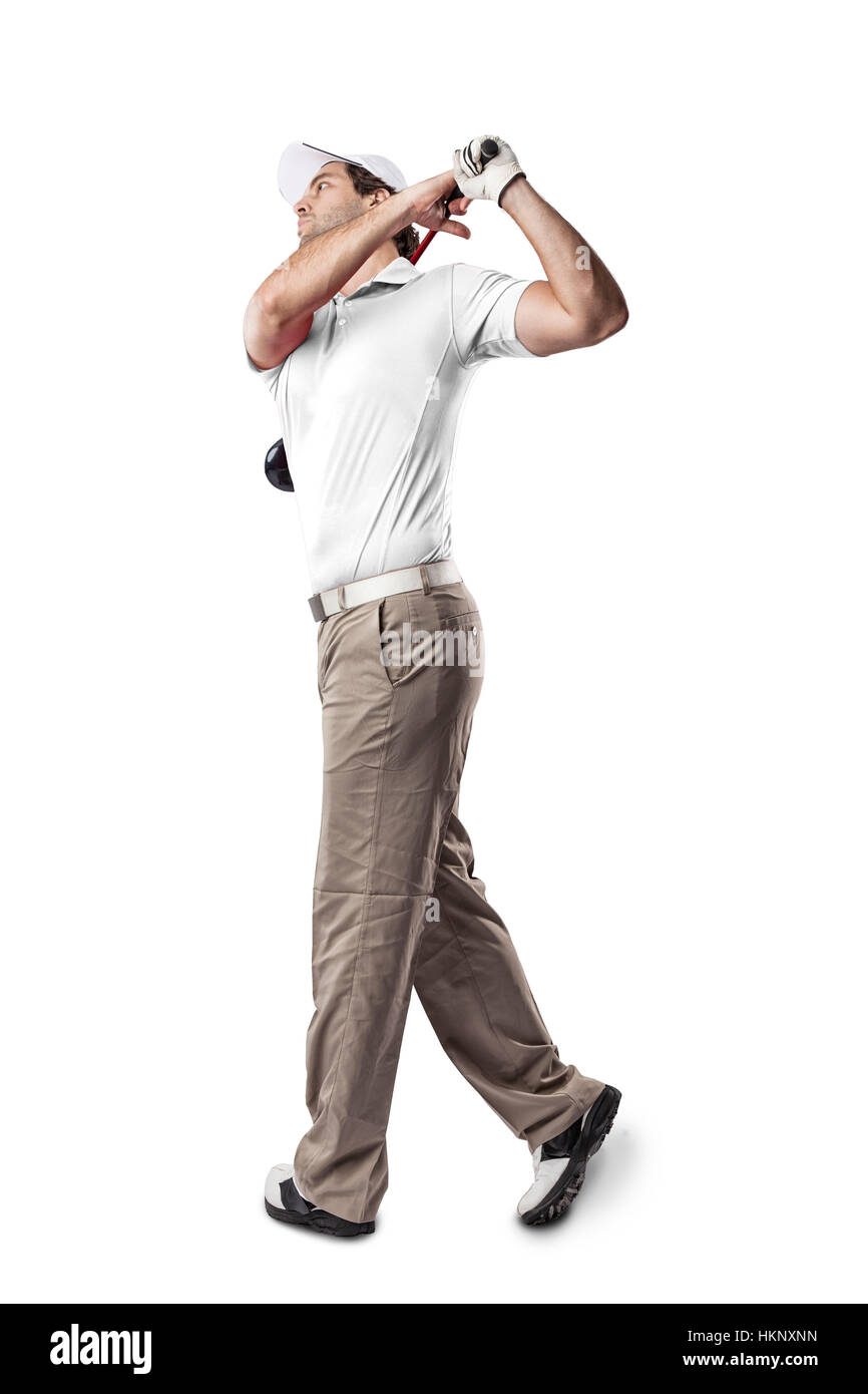 Golf Player in a white shirt taking a swing, on a white Background ...