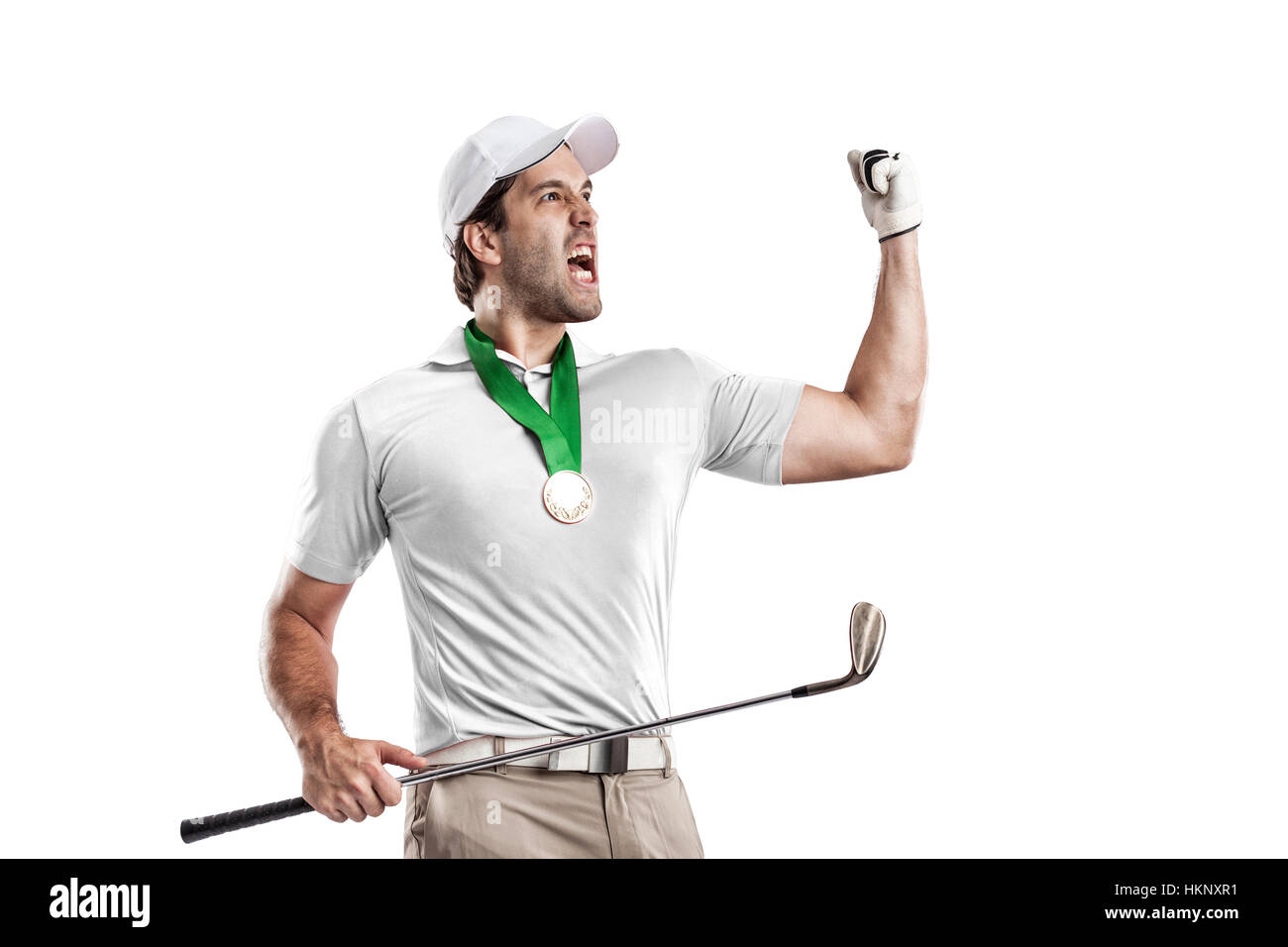 Golf Player in a white shirt celebrating with a golden medal, on a ...