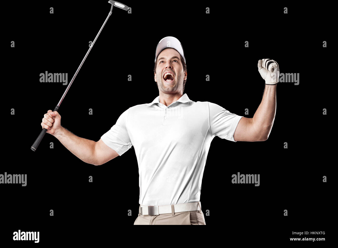 Golf Player in a white shirt celebrating, on a Black Background Stock ...
