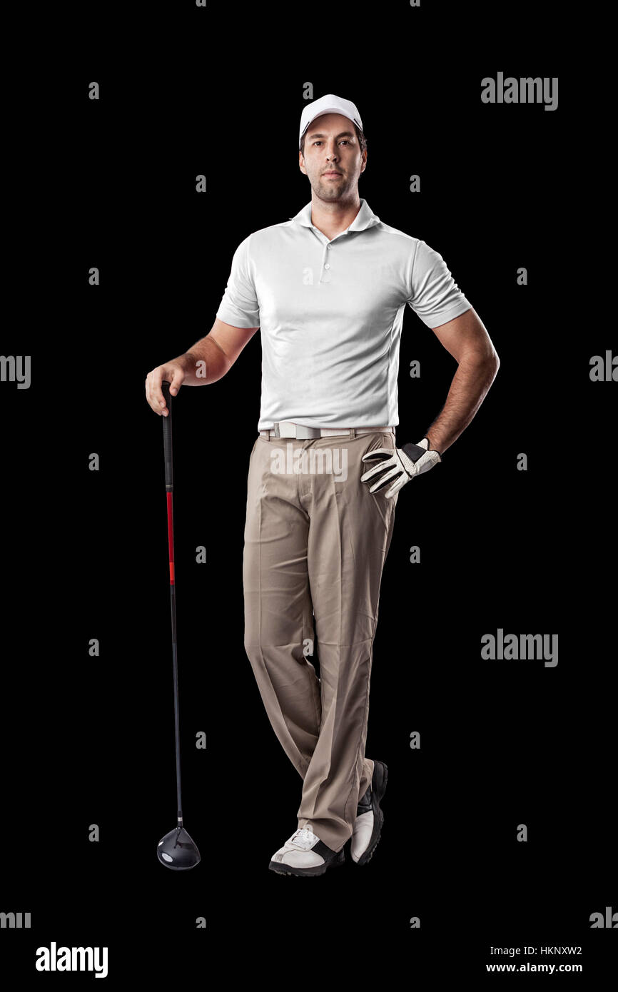 Golf Player in a white shirt standing on a Black Background Stock Photo ...