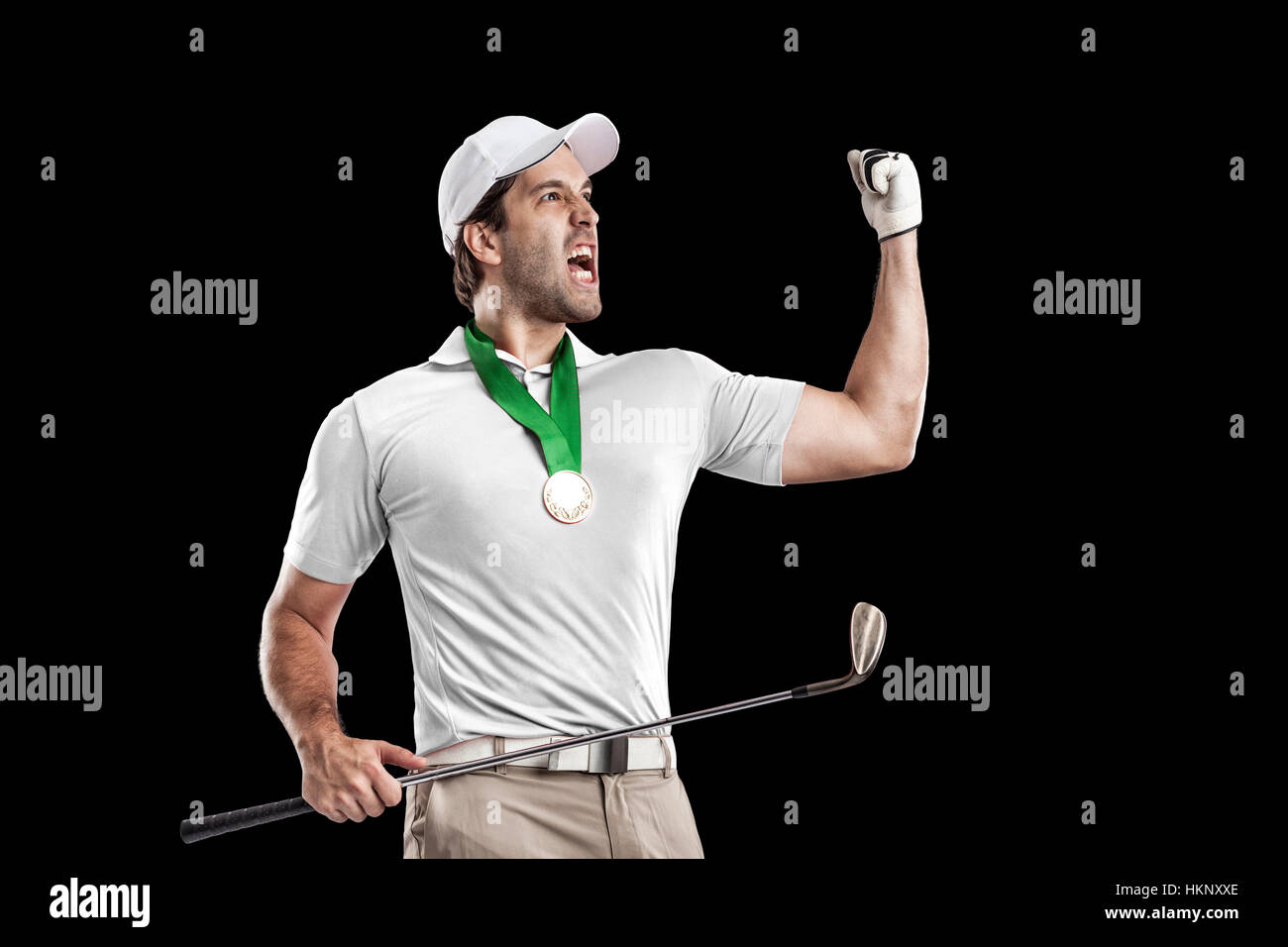 Golf Player in a white shirt celebrating with a golden medal, on a ...