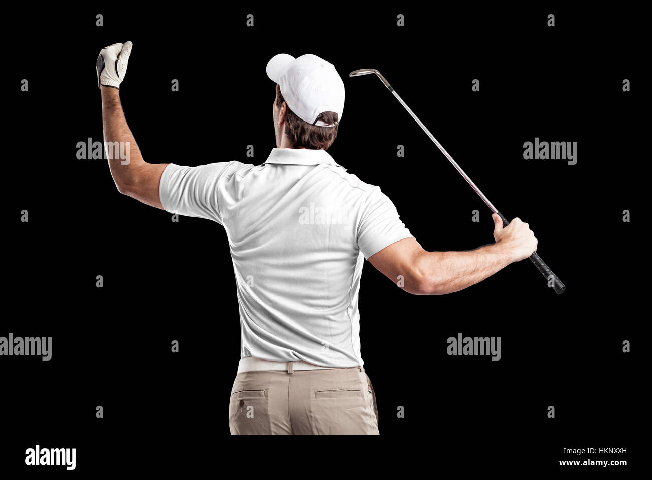 Golf Player in a white shirt celebrating, on a Black Background Stock ...
