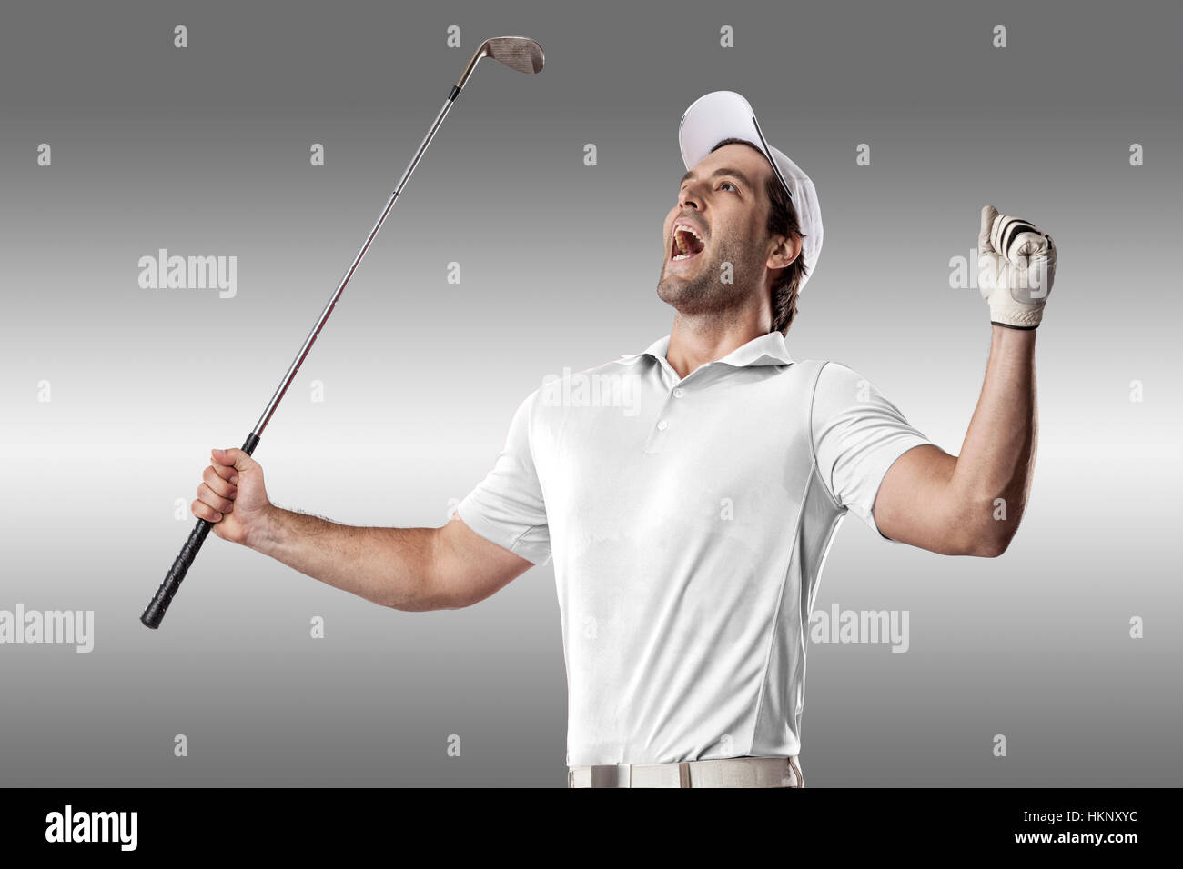 Golf Player in a white shirt celebrating, on a white Background Stock ...