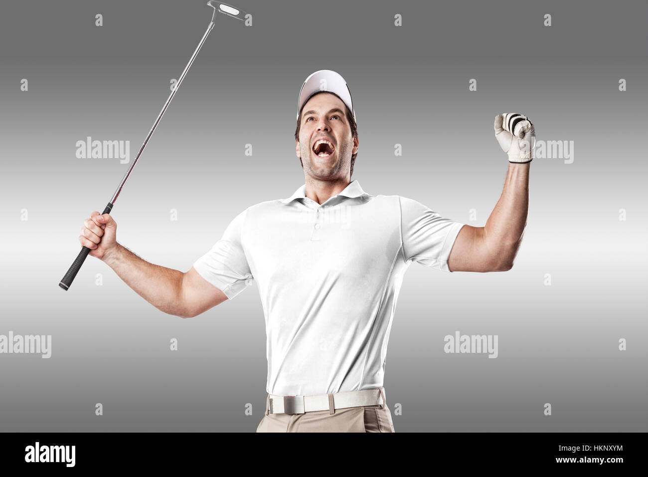 Golf Player in a white shirt celebrating, on a white Background Stock ...
