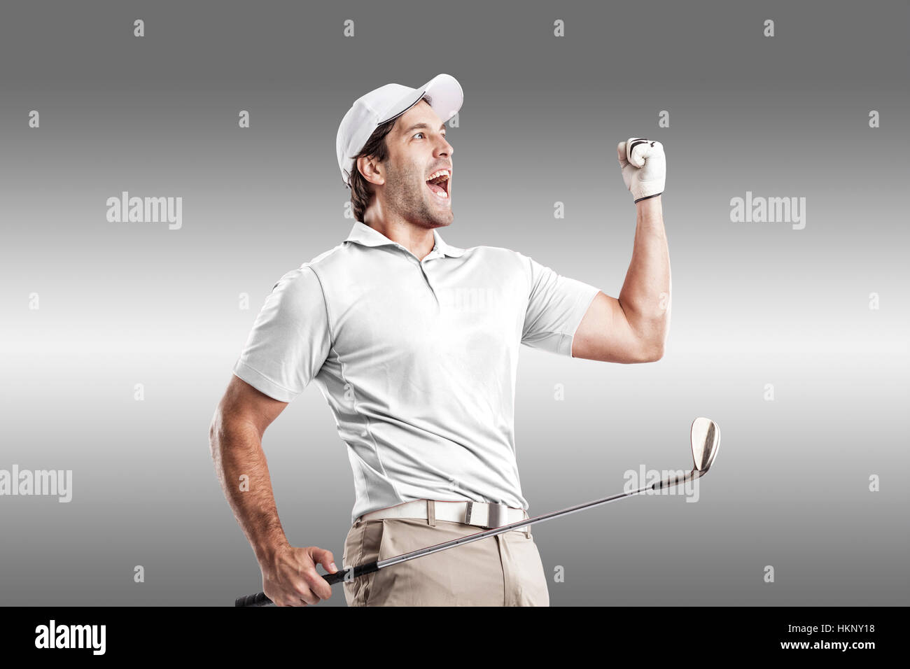 Golf Player in a white shirt celebrating, on a white Background Stock ...