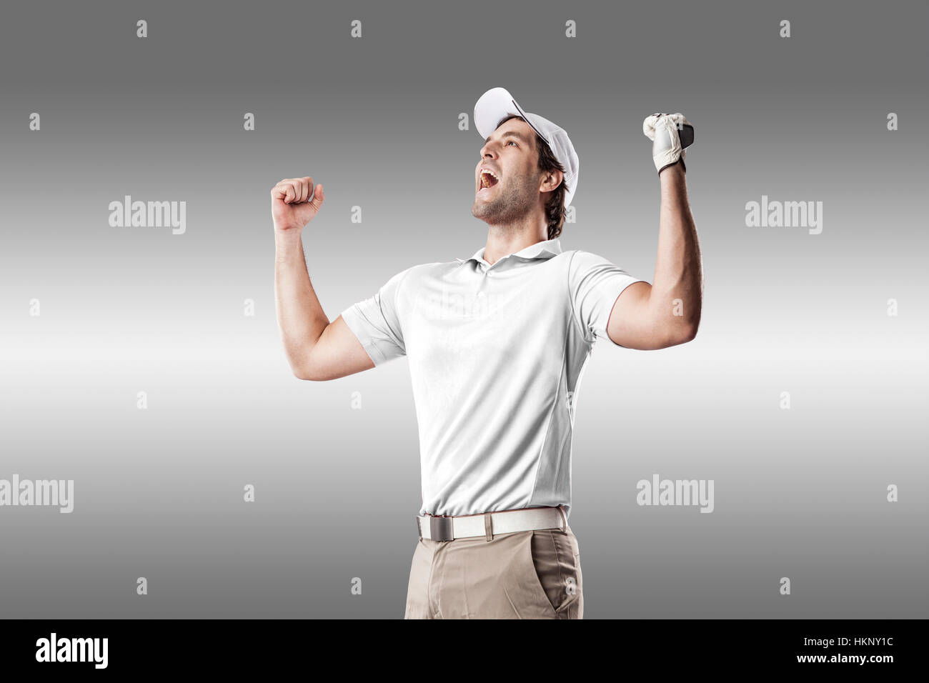Golf Player in a white shirt celebrating, on a white Background Stock ...