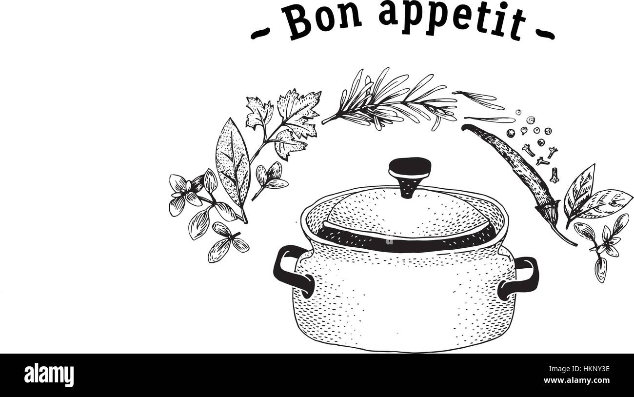 Soup at large pot illustration. Hand drawn food for home cooking Stock ...