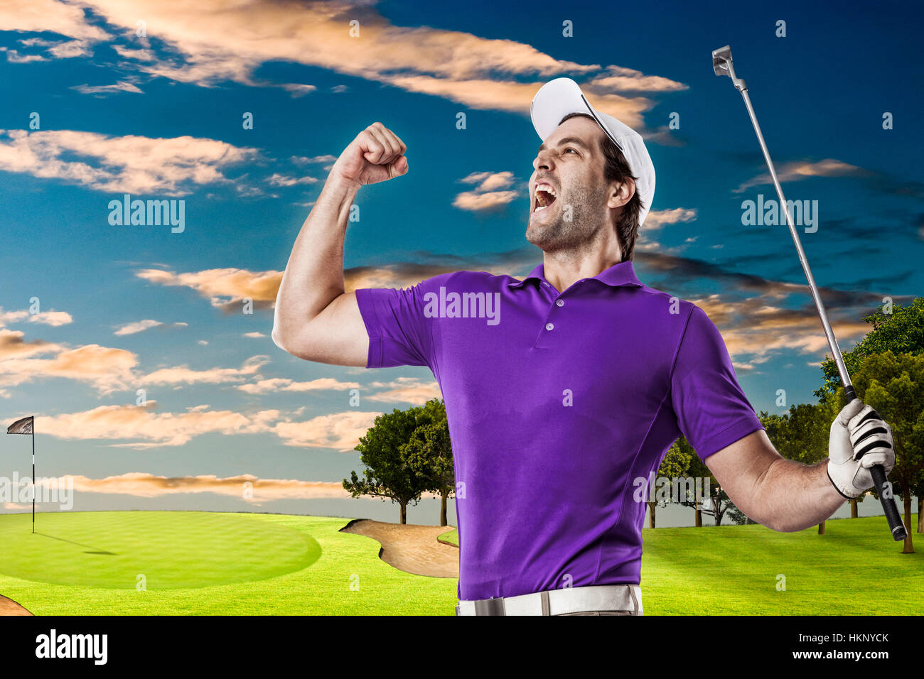 Golf Player in a purple shirt celebrating, on a golf course Stock Photo ...