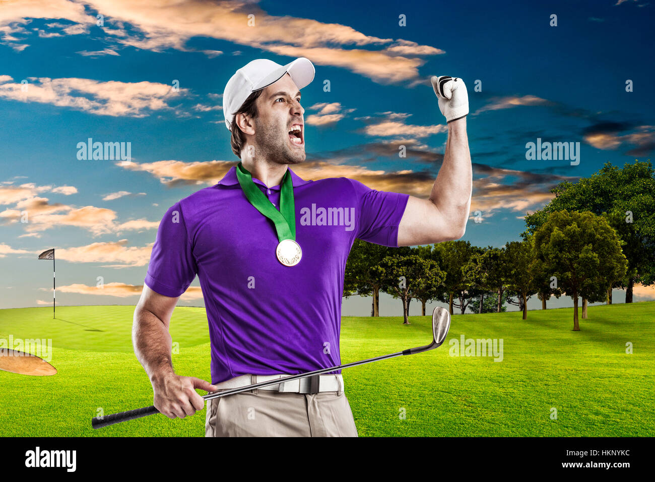 Golf Player in a purple shirt celebrating with a golden medal, on a ...