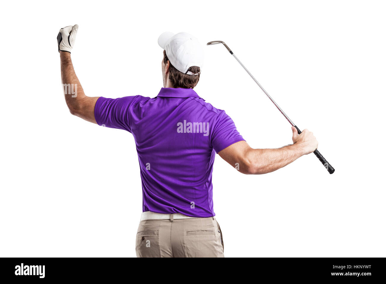 Golf Player in a purple shirt celebrating, on a white Background Stock ...