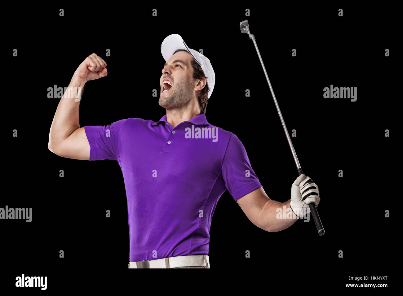 Golf Player in a purple shirt celebrating, on a Black Background Stock ...