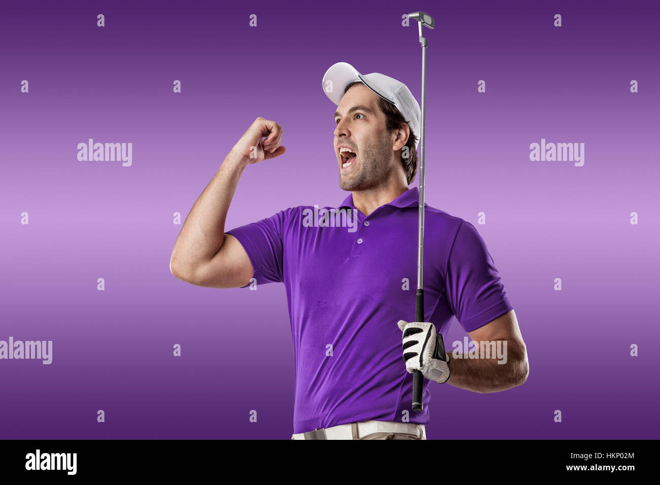 Golf Player in a purple shirt celebrating, on a purple Background Stock ...