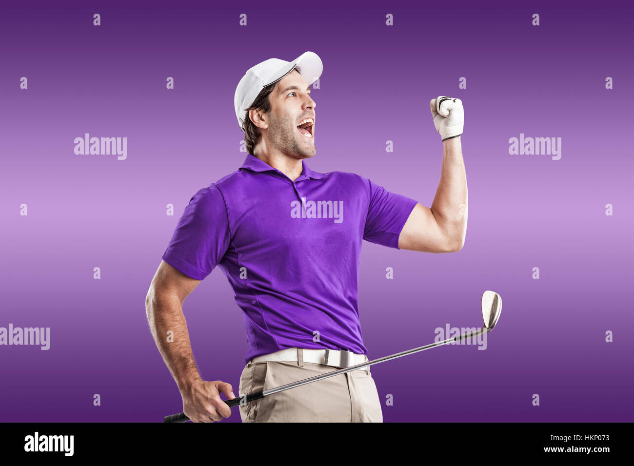 Golf Player in a purple shirt celebrating, on a purple Background Stock ...