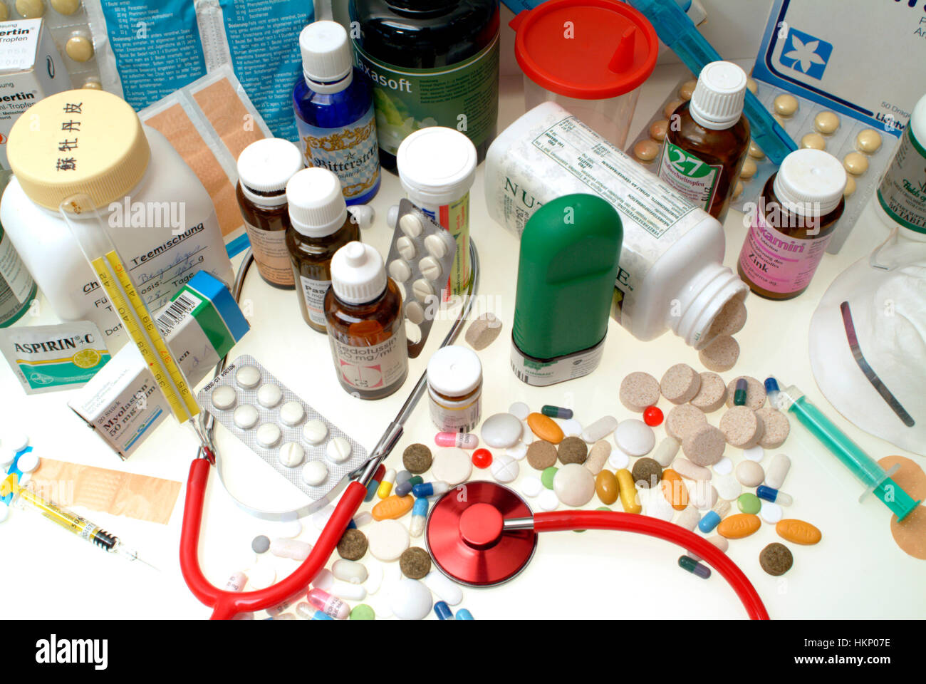 Medicaments and tablets, injections, plasters and stethoscope Stock ...