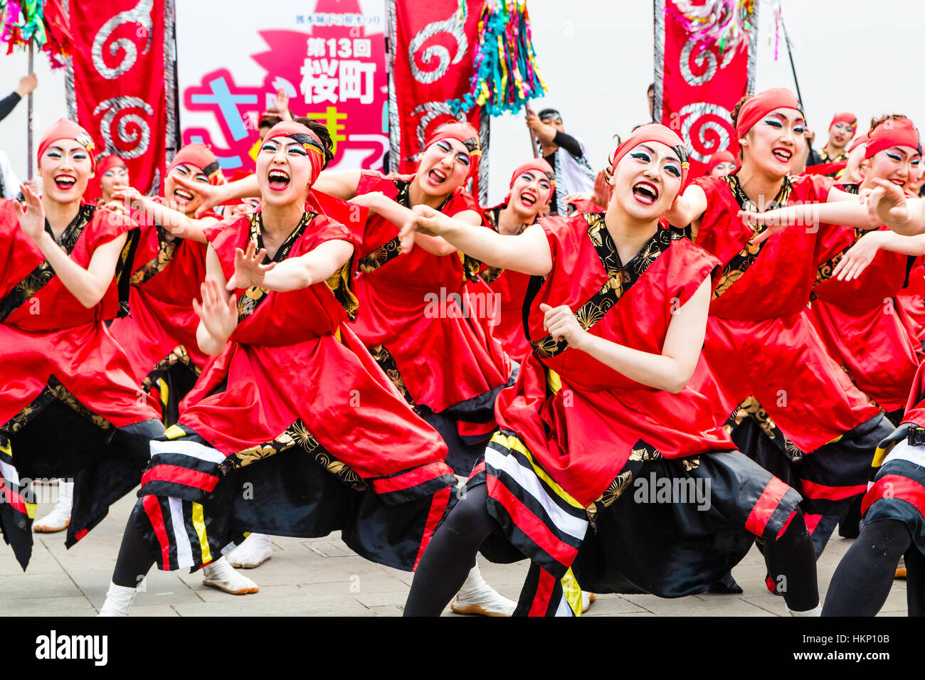 Japanese Yosakoi dance festival. Young women team, in black and red ...