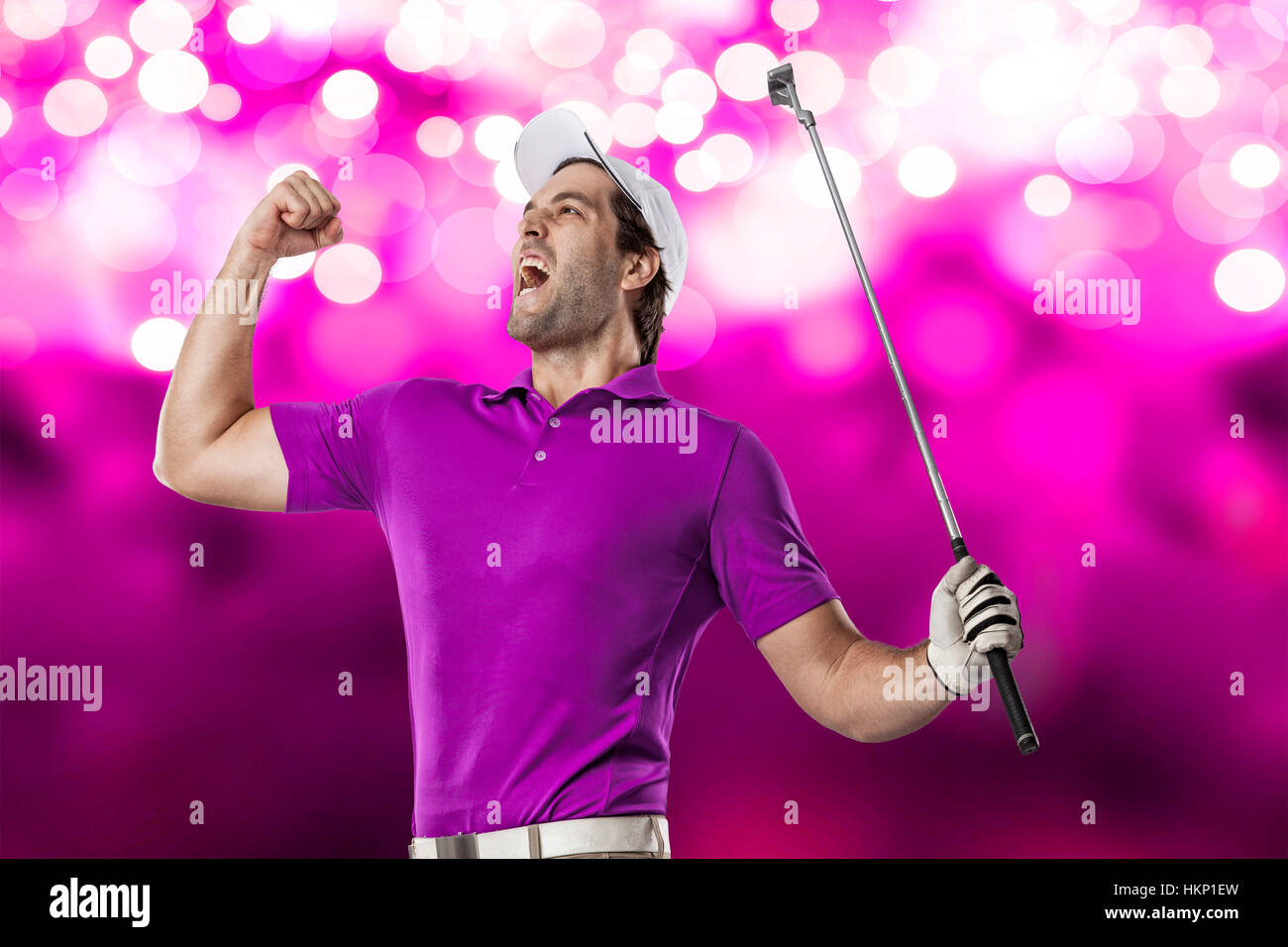 Golf Player in a pink shirt celebrating, on a pink lights Background ...