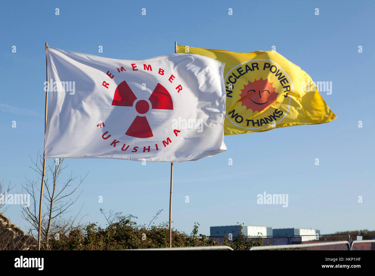 Flags fly at the Anti nuclear protest at Hinkley Point north Somerset ...