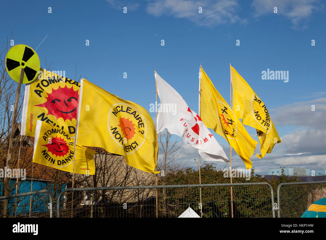Flags at Anti nuclear protest at Hinkley Point north Somerset ...