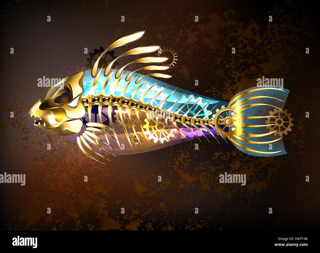 Mechanical, antique gold fish with skeleton and gears on a brown ...