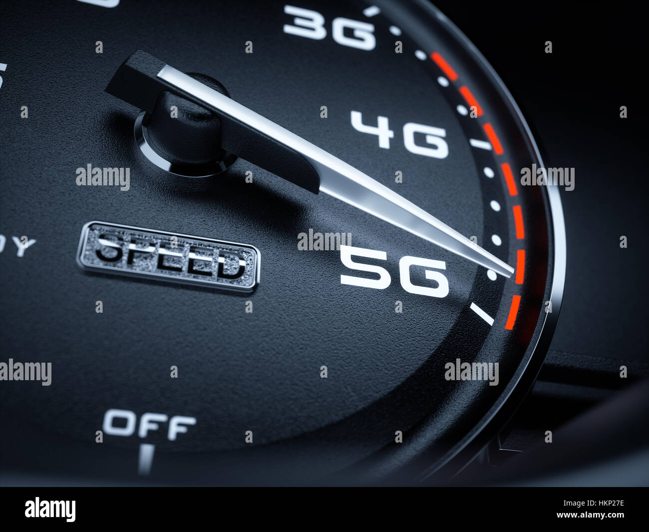 Wireless network speed concept, speedometer 5G evolution. 3d rendering ...