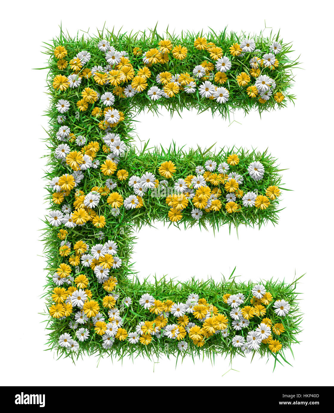 Letter E Of Green Grass And Flowers Stock Photo - Alamy