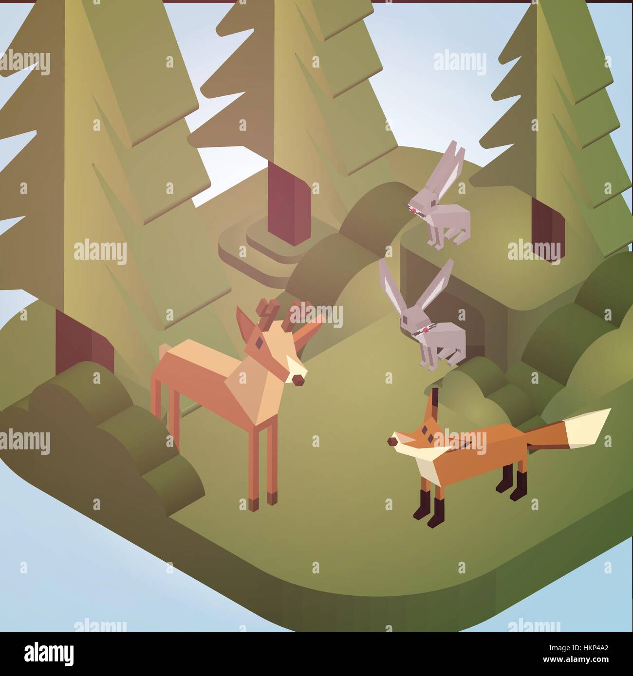 Pine Forest Scene with Deer, Fox, and Rabbit Isometric Style - Vector ...