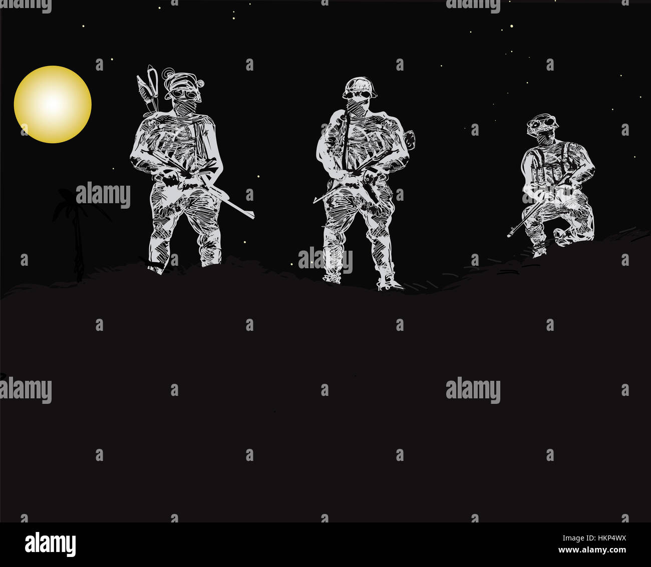 Illustration of a special forces unit, night scene in mountains or ...