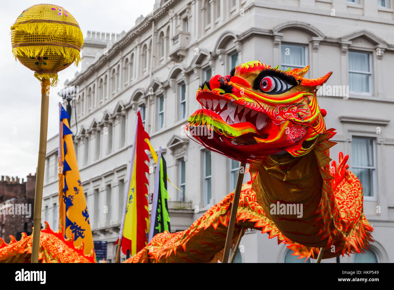 Close-up of orange and red coloured dragon in Liverpool's Chinatown ...