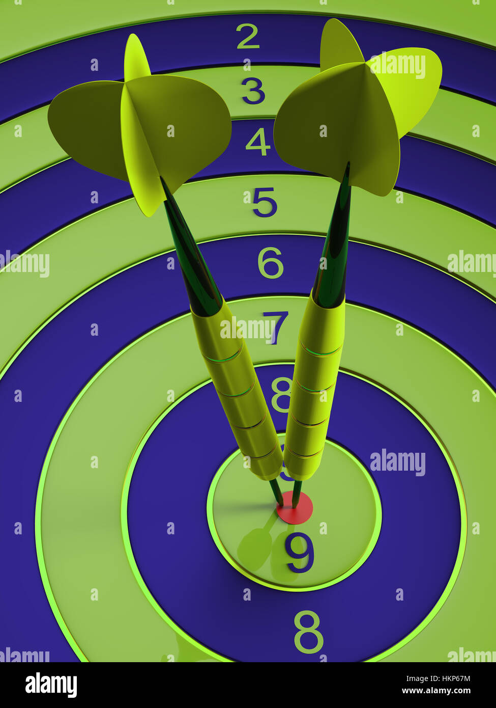 Two darts hitting the bullseye aim. concept of success 3d illustration ...