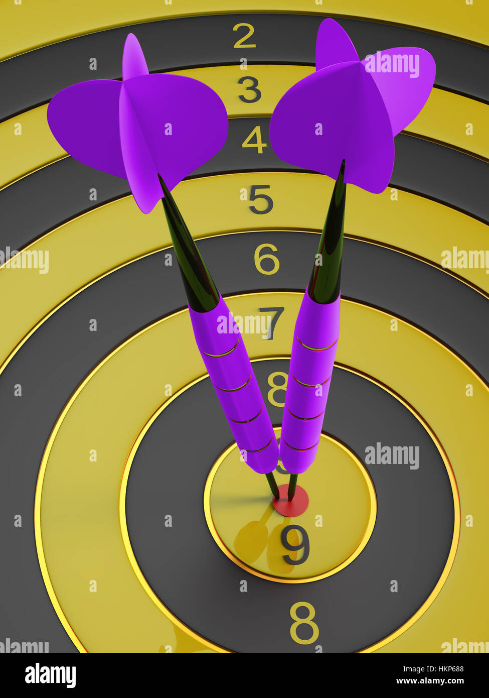 Two darts hitting the bullseye aim. concept of success 3d illustration ...