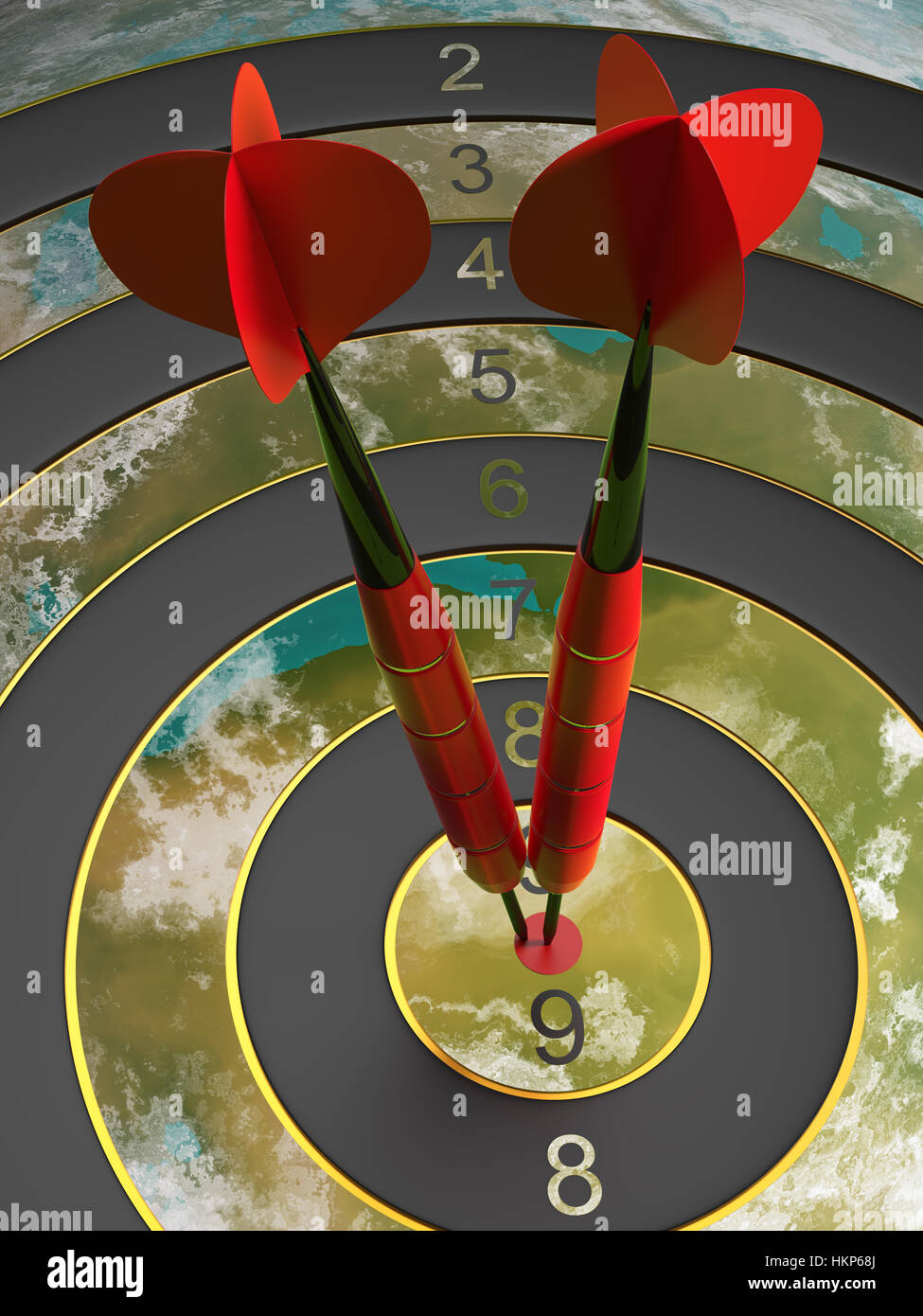 Two darts hitting the bullseye aim. concept of success 3d illustration ...