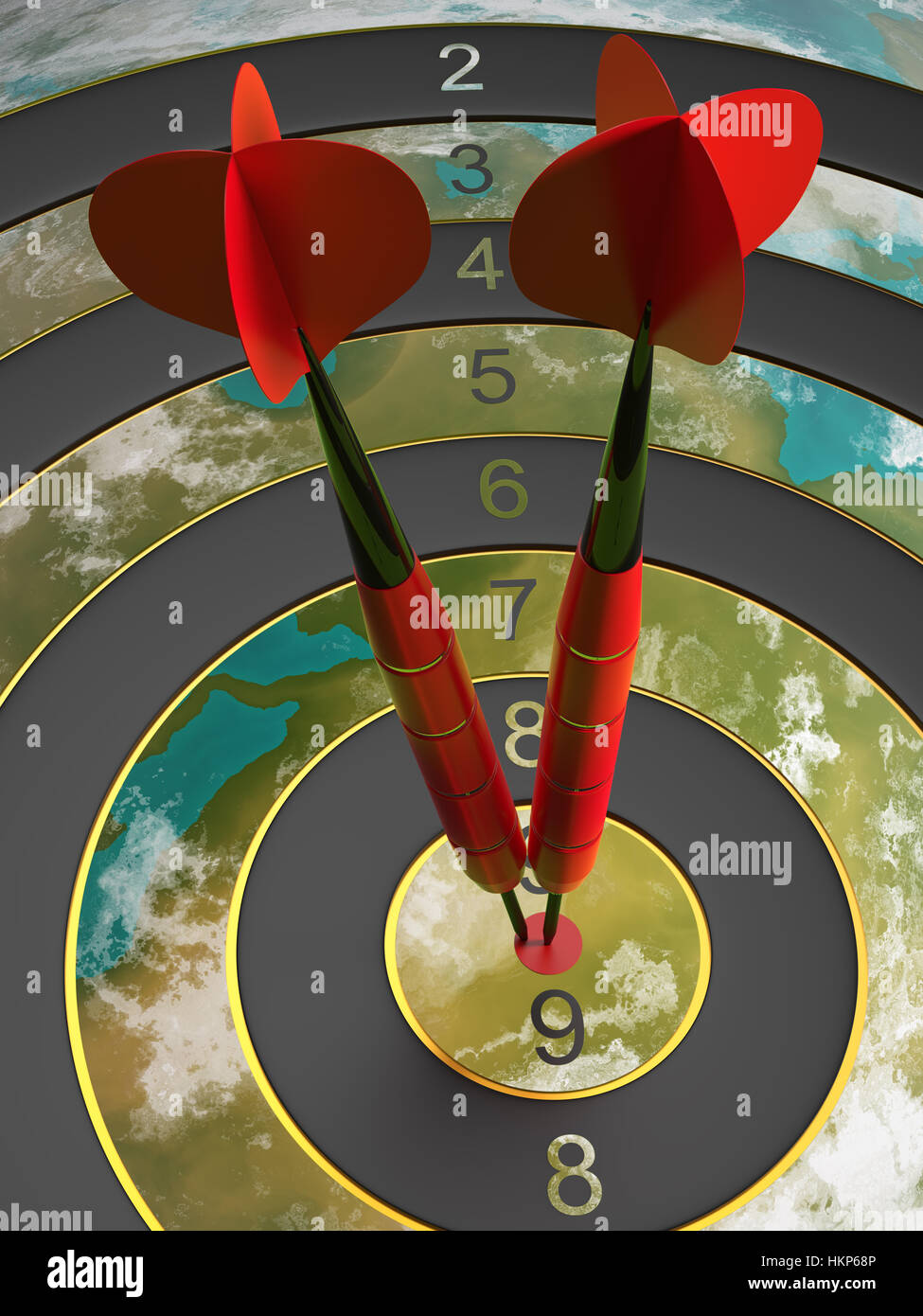 Two darts hitting the bullseye aim. concept of success 3d illustration ...