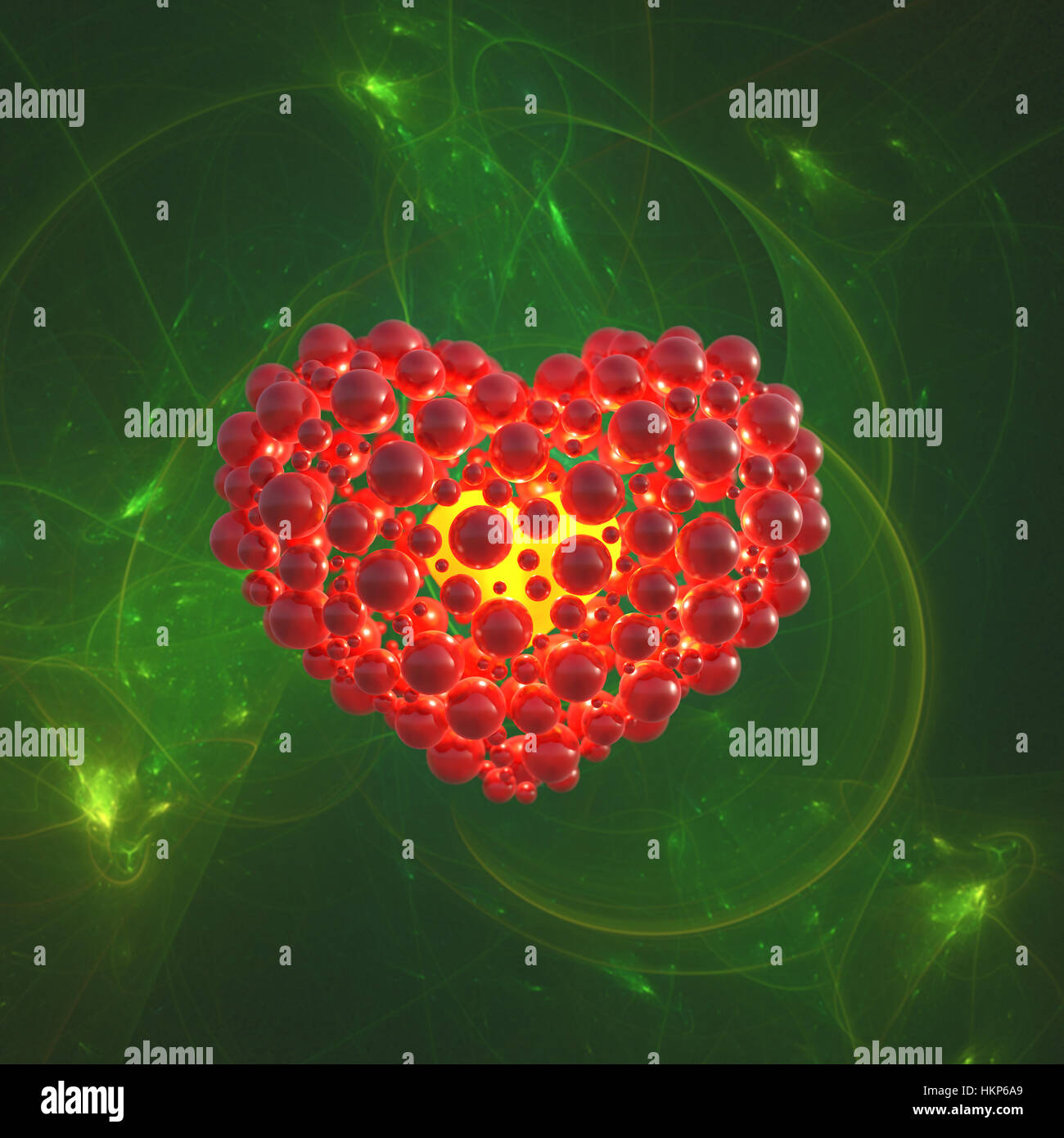 Red heart made of spheres with reflections isolated on green space ...