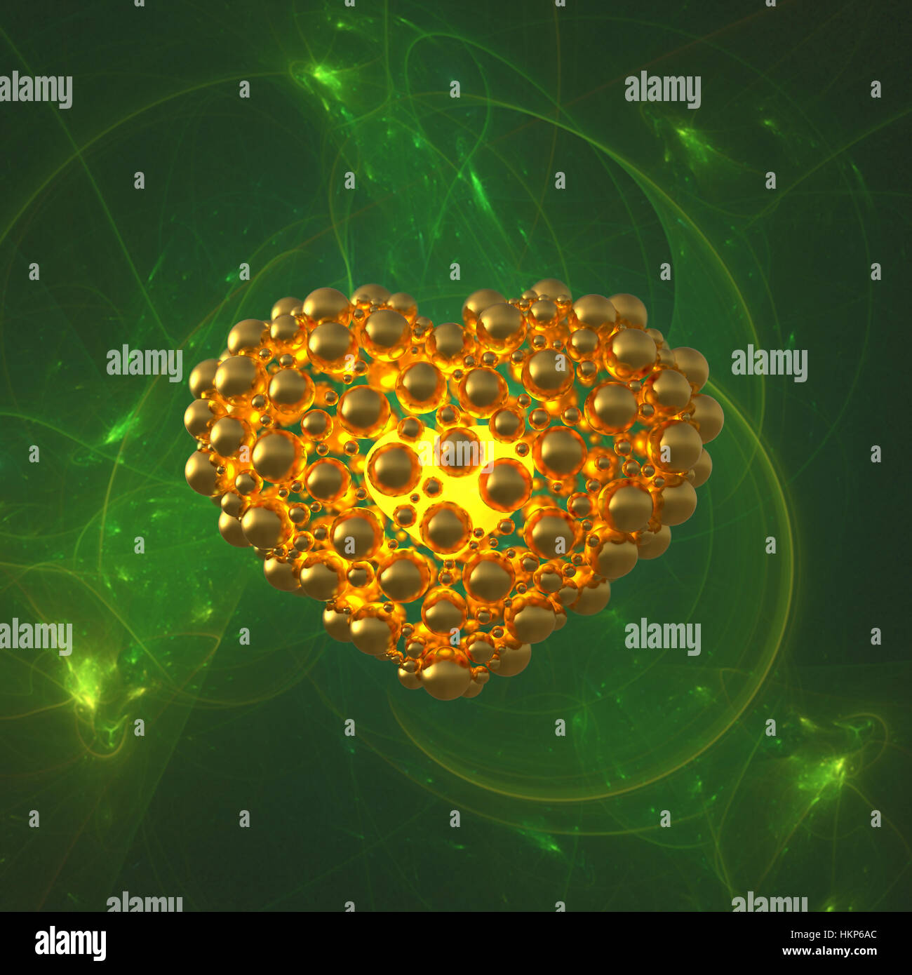 metal golden heart made of spheres with reflections isolated on green ...